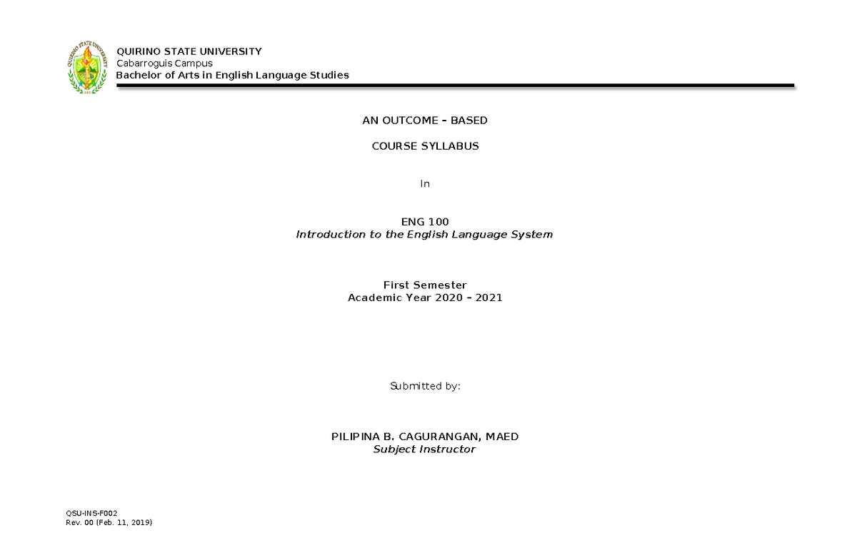 ENG 100 - Syllabus for Introduction to the English Language System ...