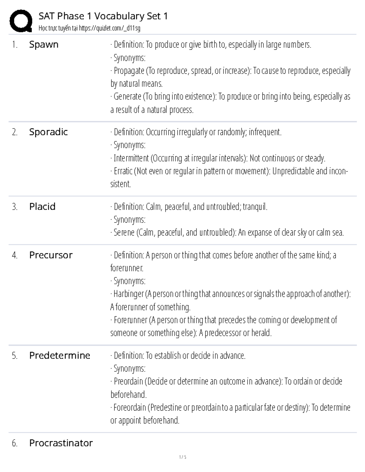 SAT Phase 1 Vocabulary Set 1: Definitions and Synonyms - Studocu