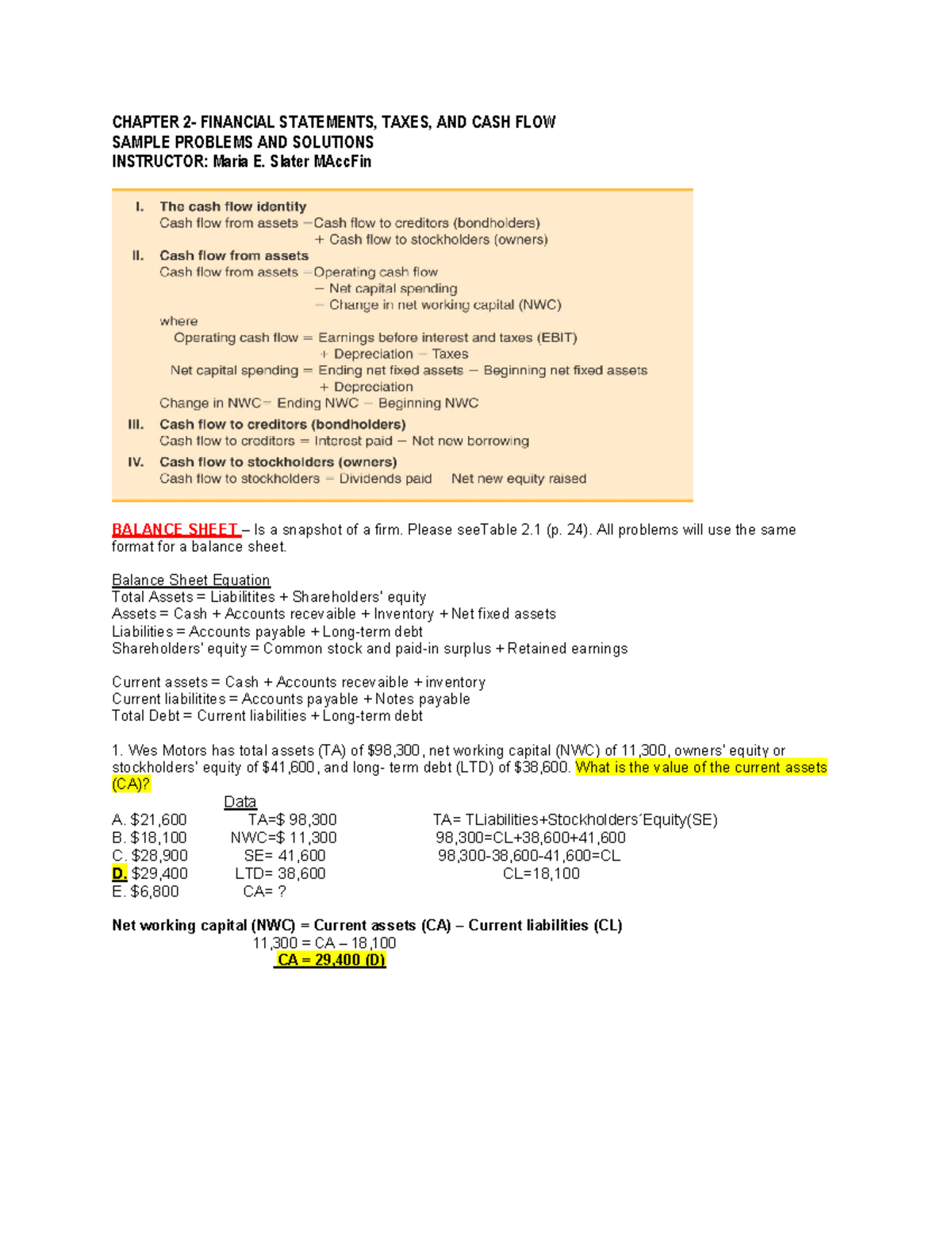 Ch 2 - Financial Statements: Sample Problems & Solutions (MAccFin ...