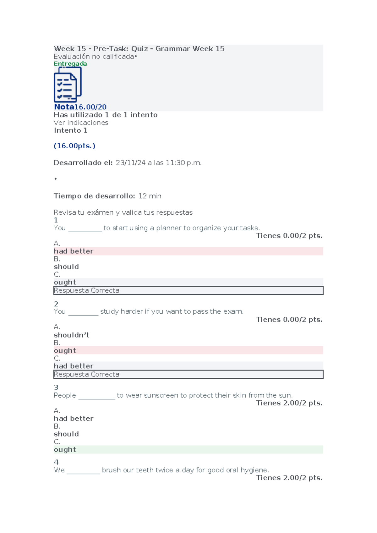 Week 15 Grammar Quiz - Pre-Task Evaluation (16/16) - Studocu