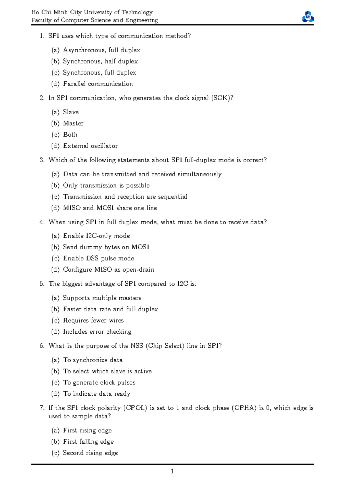 MCU MPU Final Exam Questions: SPI Communication and More - Studocu