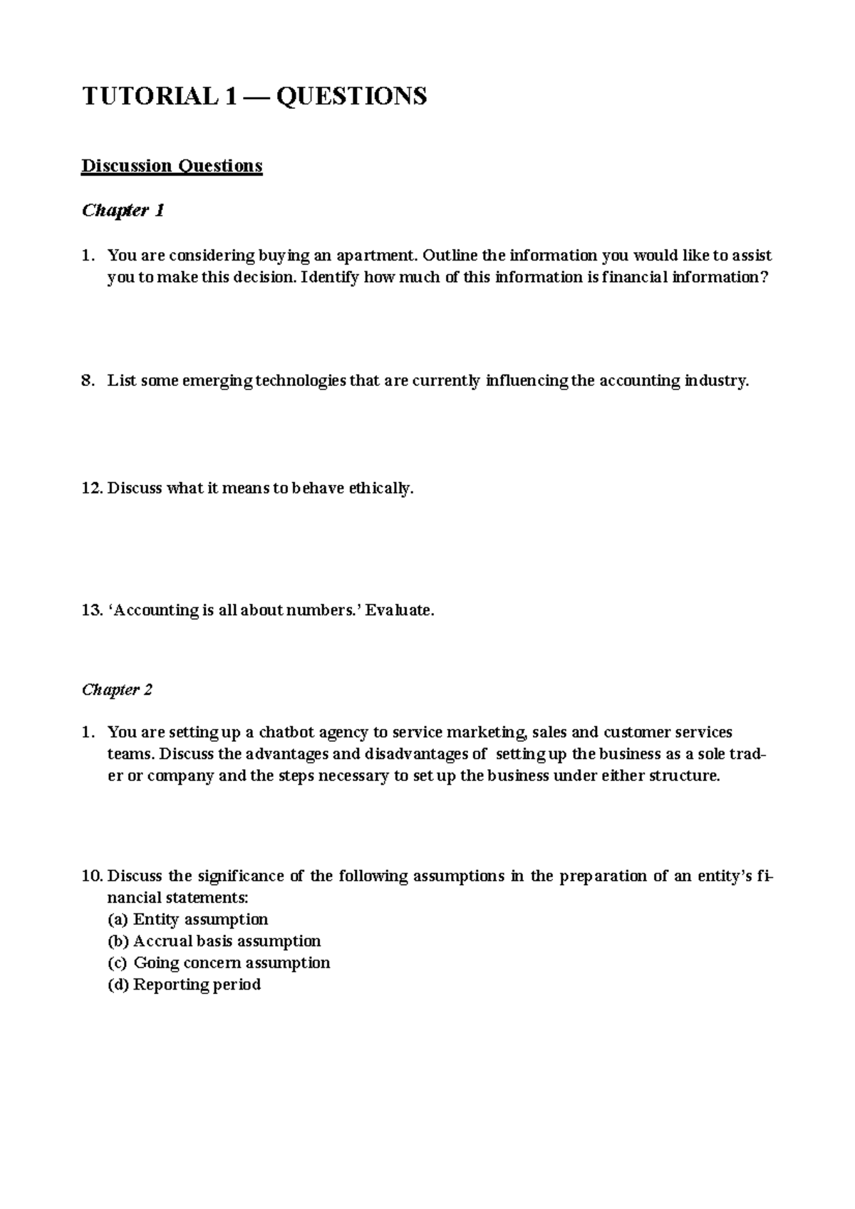 ACCT1101 tut 1 questions - TUTORIAL 1 — QUESTIONS Discussion Questions ...