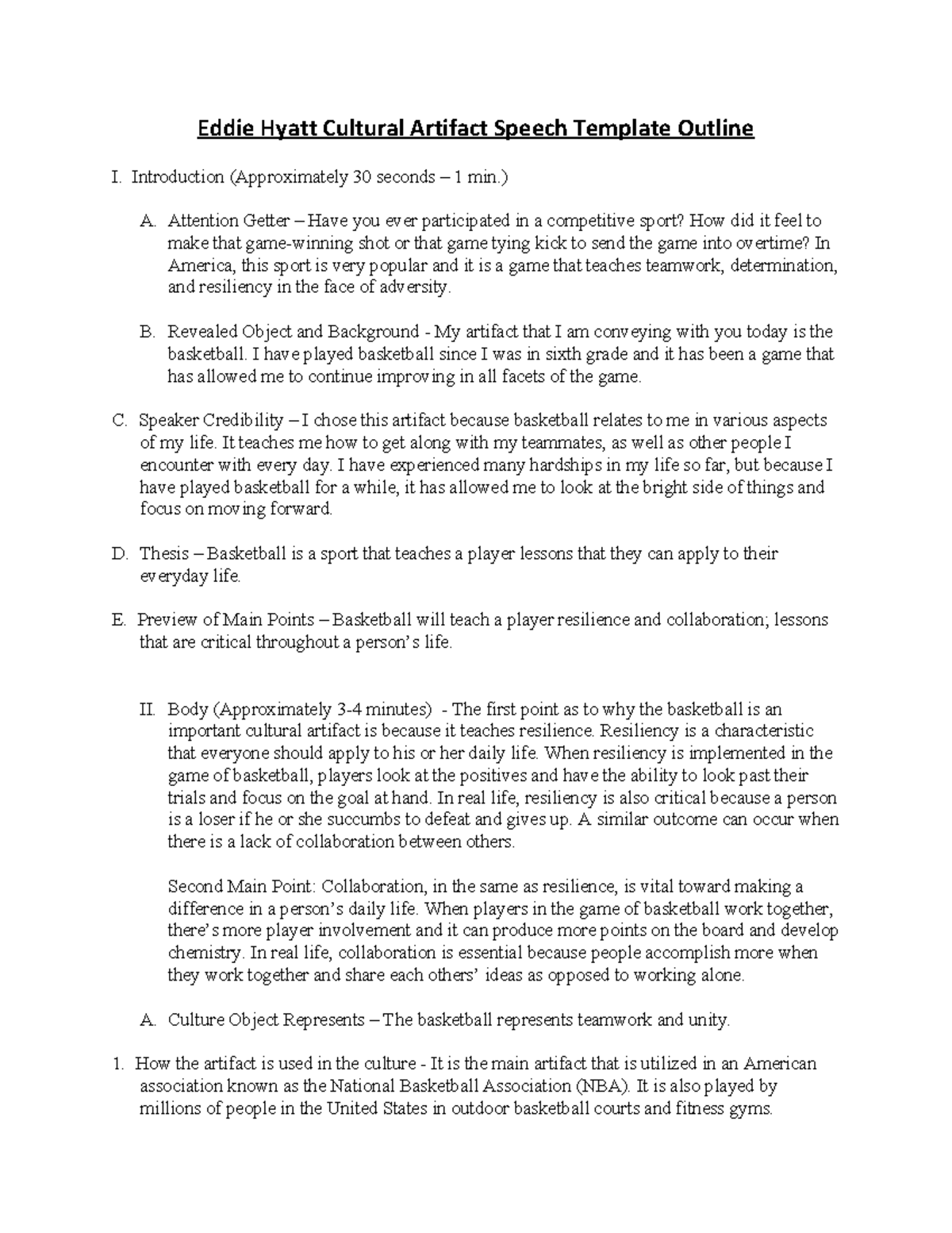 Eddie Hyatt - Cultural Artifact Speech Template Outline - Introduction ...