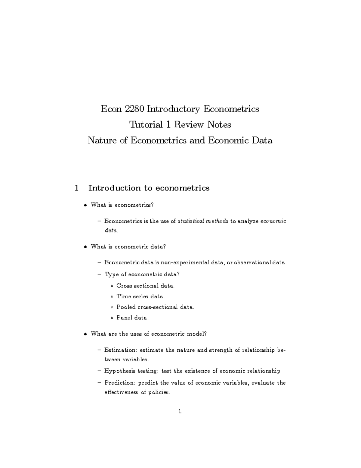 Tutorial 1 review notes - Econ 2280 Introductory Econometrics Tutorial ...