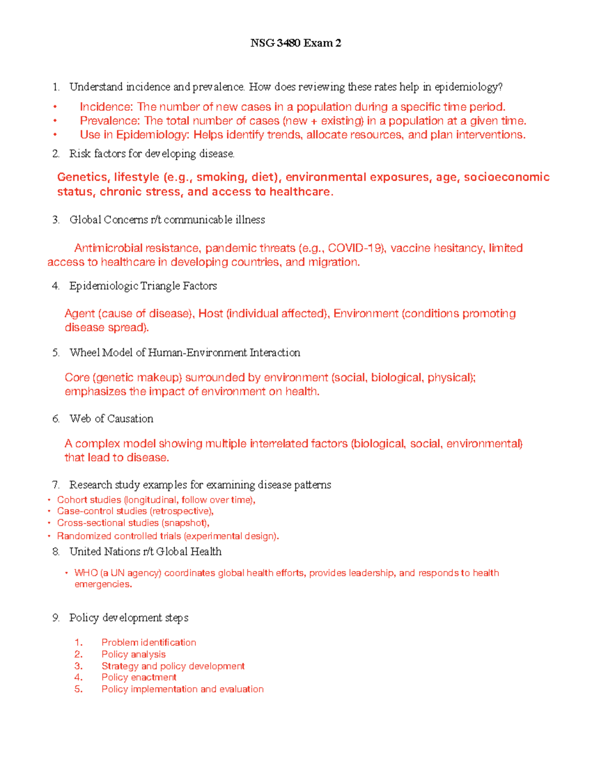 NSG 3480 Exam 2 Review: Key Concepts in Epidemiology and Health - Studocu