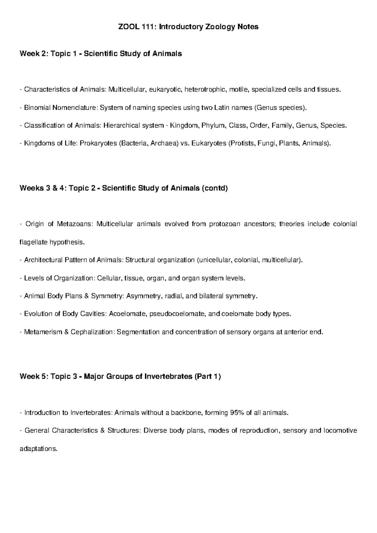 ZOOL 111 Expanded Lecture Notes: Intro to Zoology Topics 1-4 - Studocu