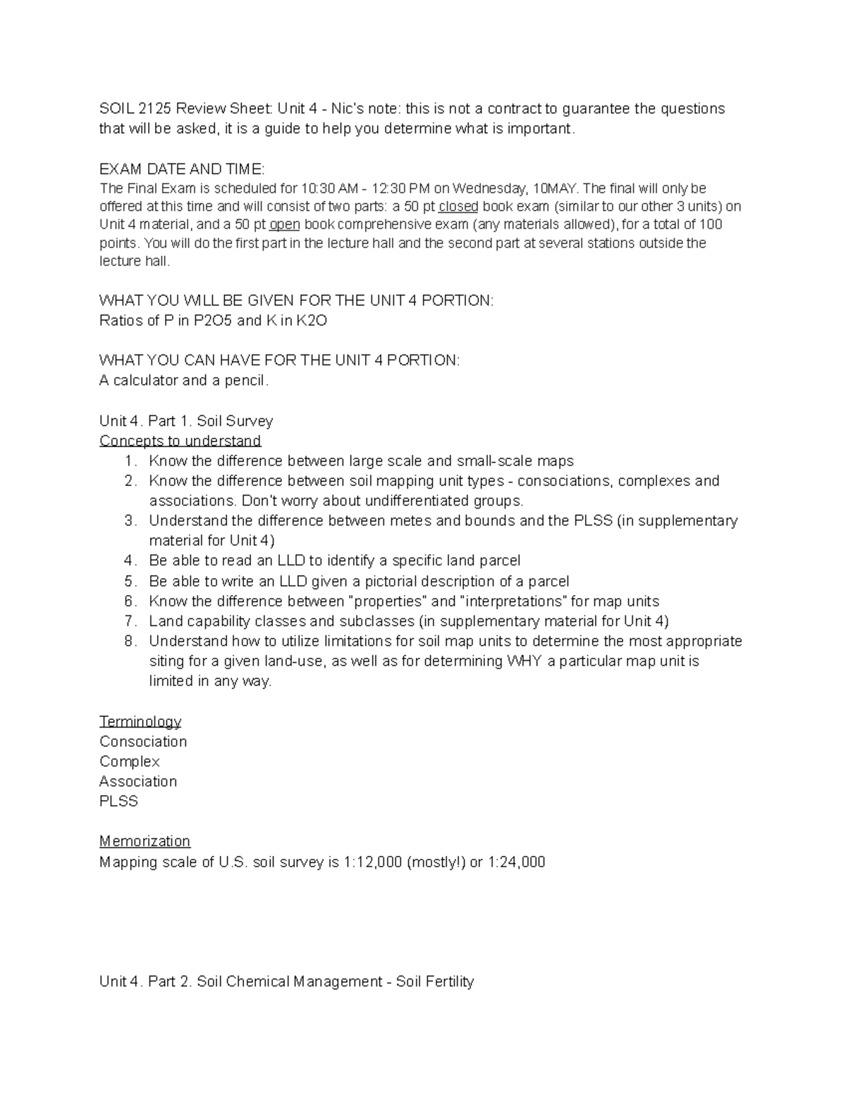 SOIL 2125 Unit 4 Review Sheet - SOIL 2125 Review Sheet: Unit 4 - Nic’s ...