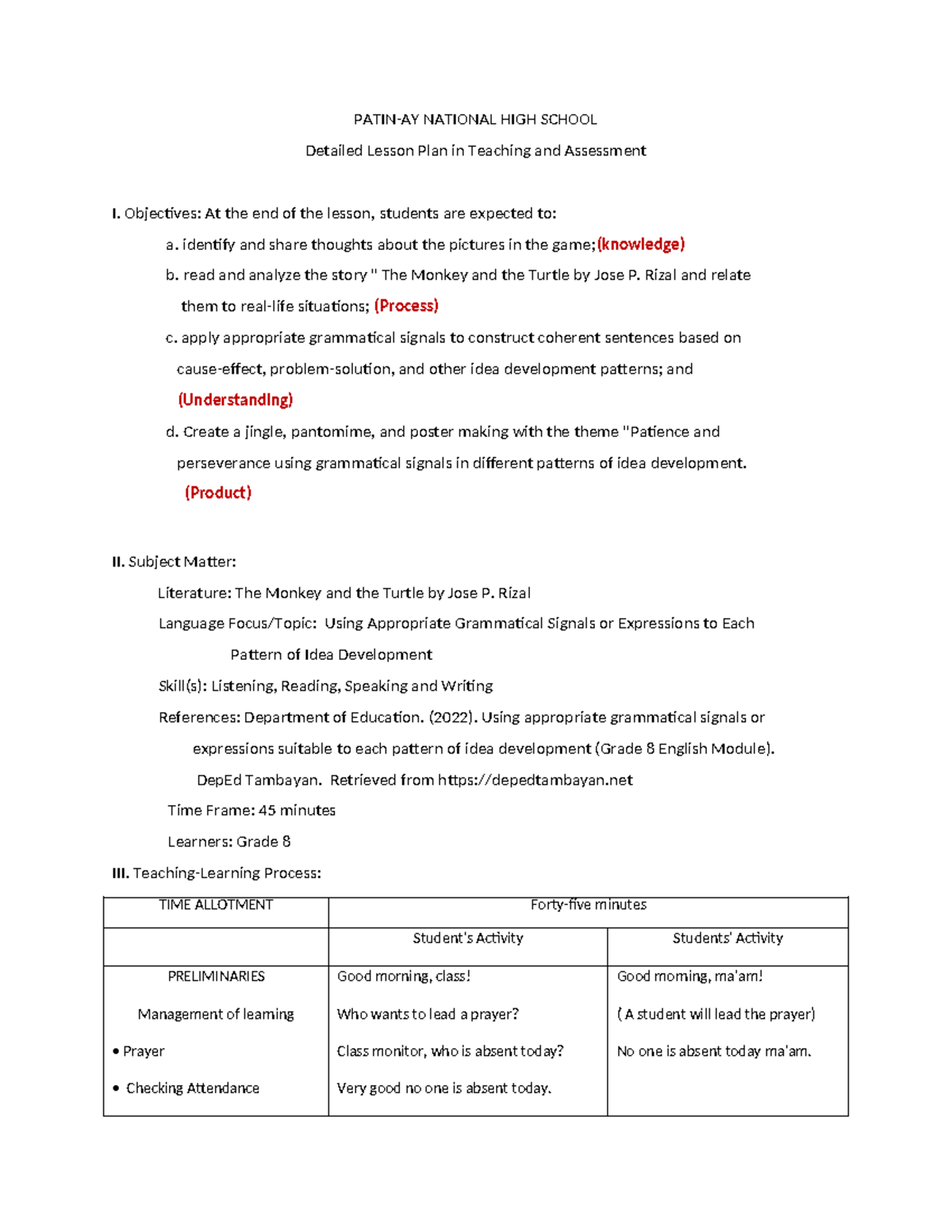 NATIONAL HIGH SCHOOL Detailed Lesson Plan: Teaching Literature ...