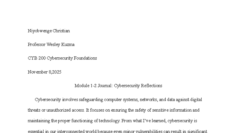 CYB 200 Module Journal: Cybersecurity Reflections and Insights - Studocu