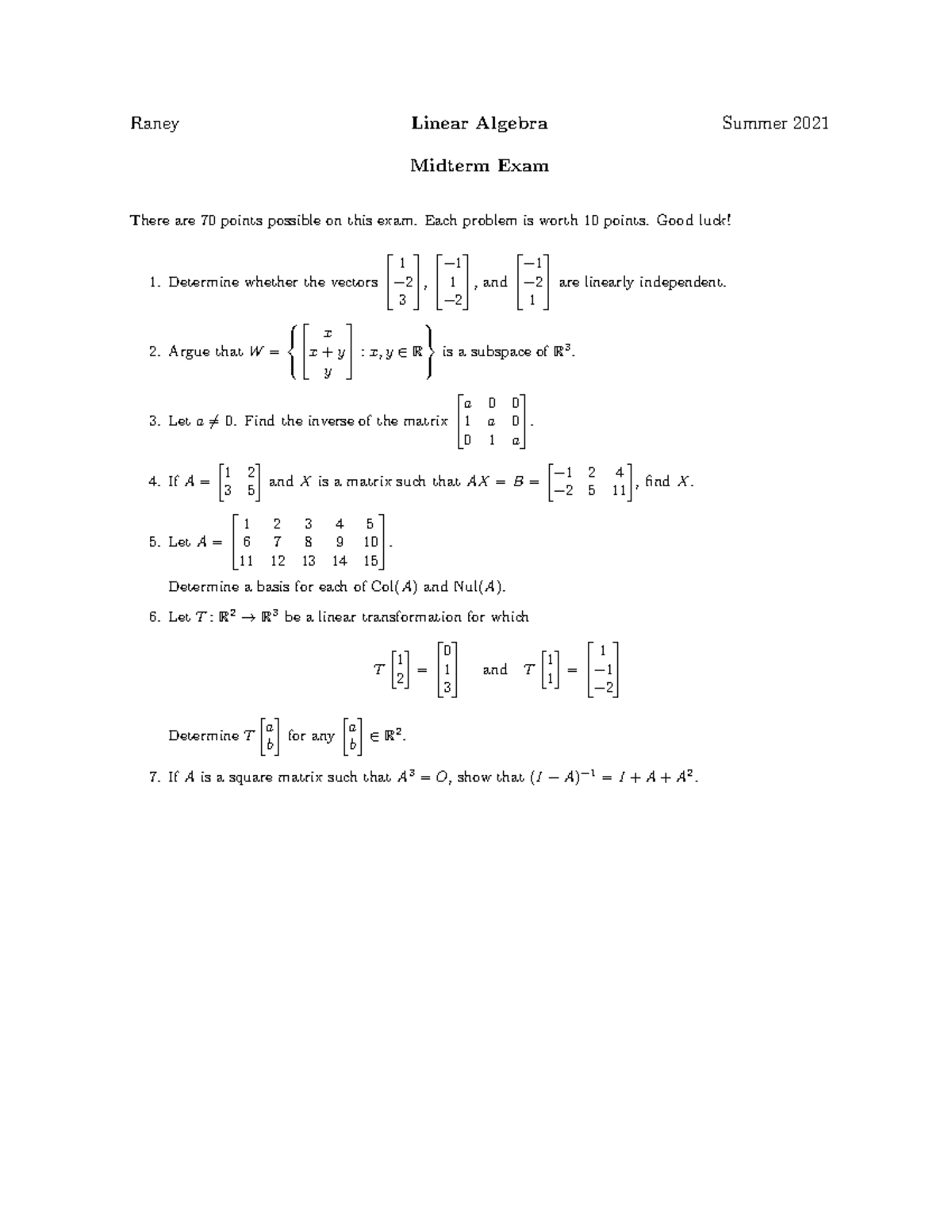MATH150 Sum21 Midterm Exam - Linear Algebra Review Guide - Studocu