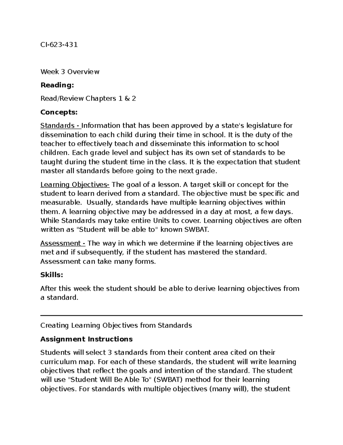 Creating Learning Objectives from Standards - CI-623-431 Week 3 ...