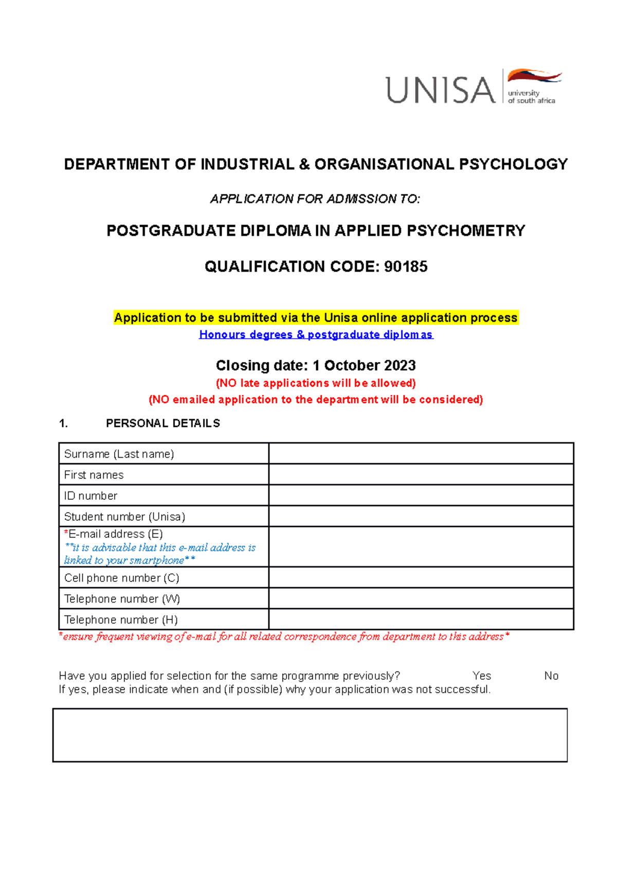 PG Dip AP Admission Questionnaire for 2024 Intake - Unisa - Studocu