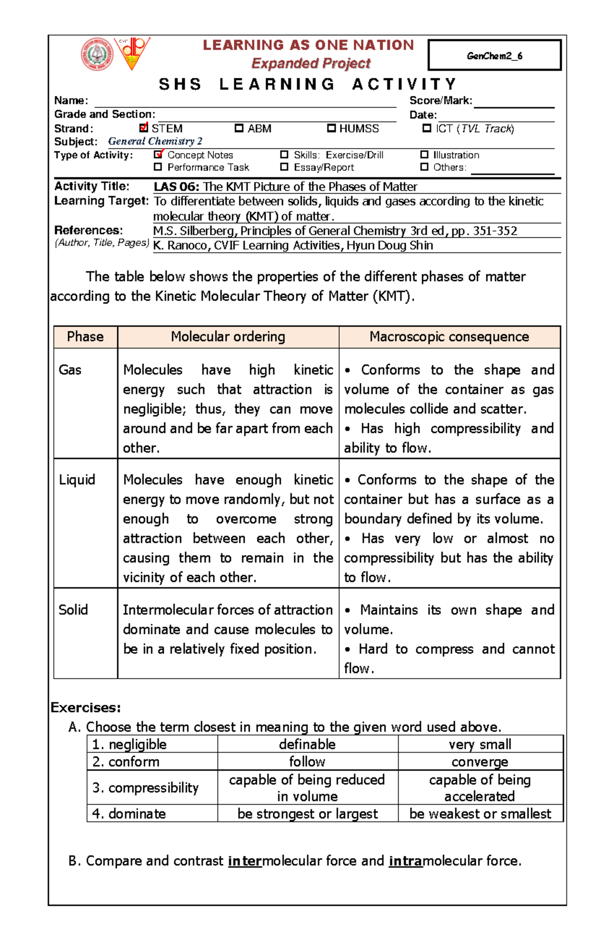 Gen Chem 2 LAS 06: KMT Overview of Matter Phases and Properties - Studocu
