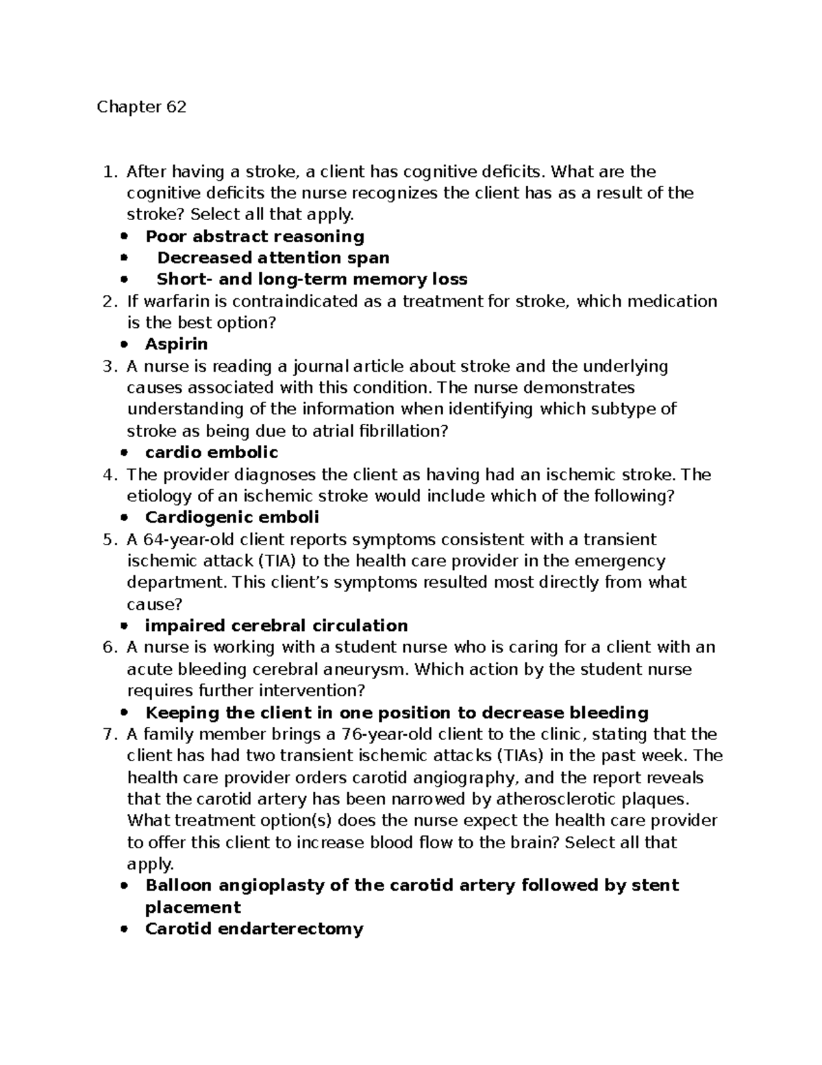 Chapter 62 - Stroke Management Study Guide (Prep U) - Studocu
