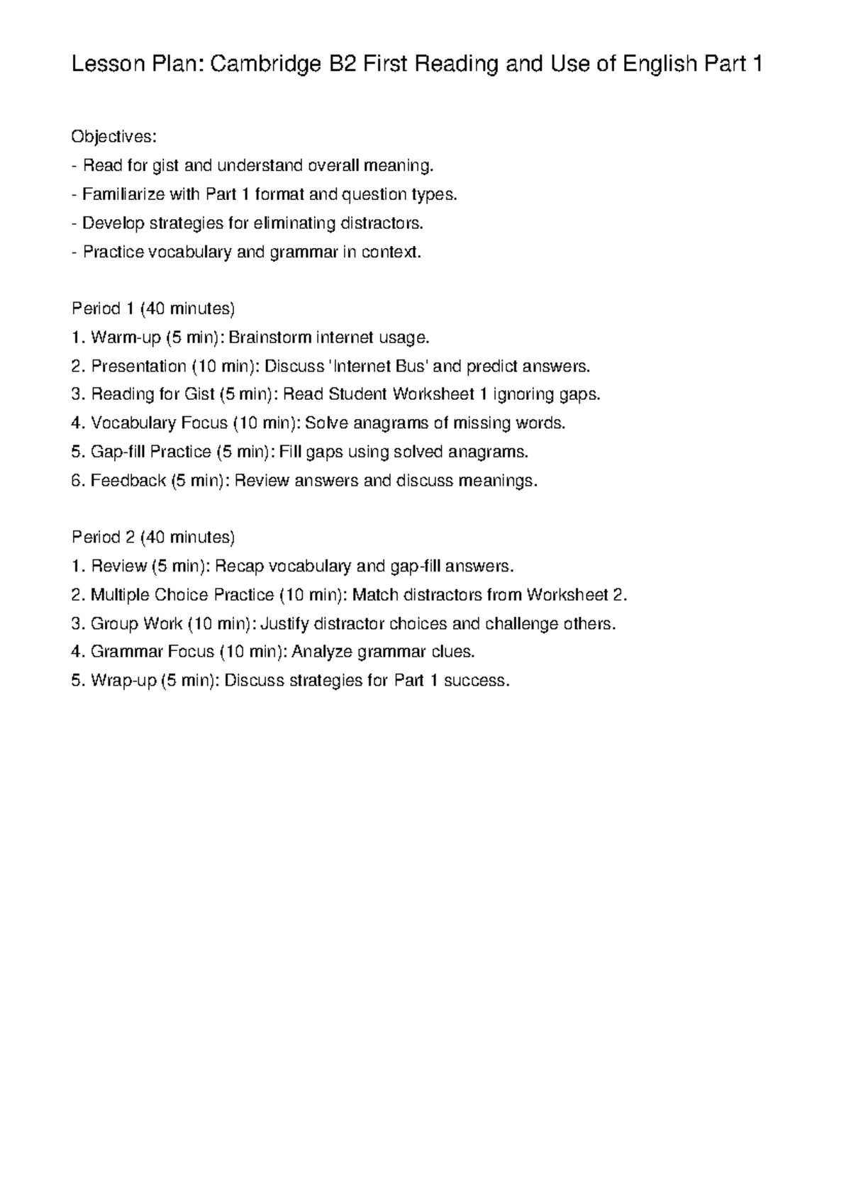 Cambridge B2 First Lesson Plan with Answer Key and Activities - Studocu