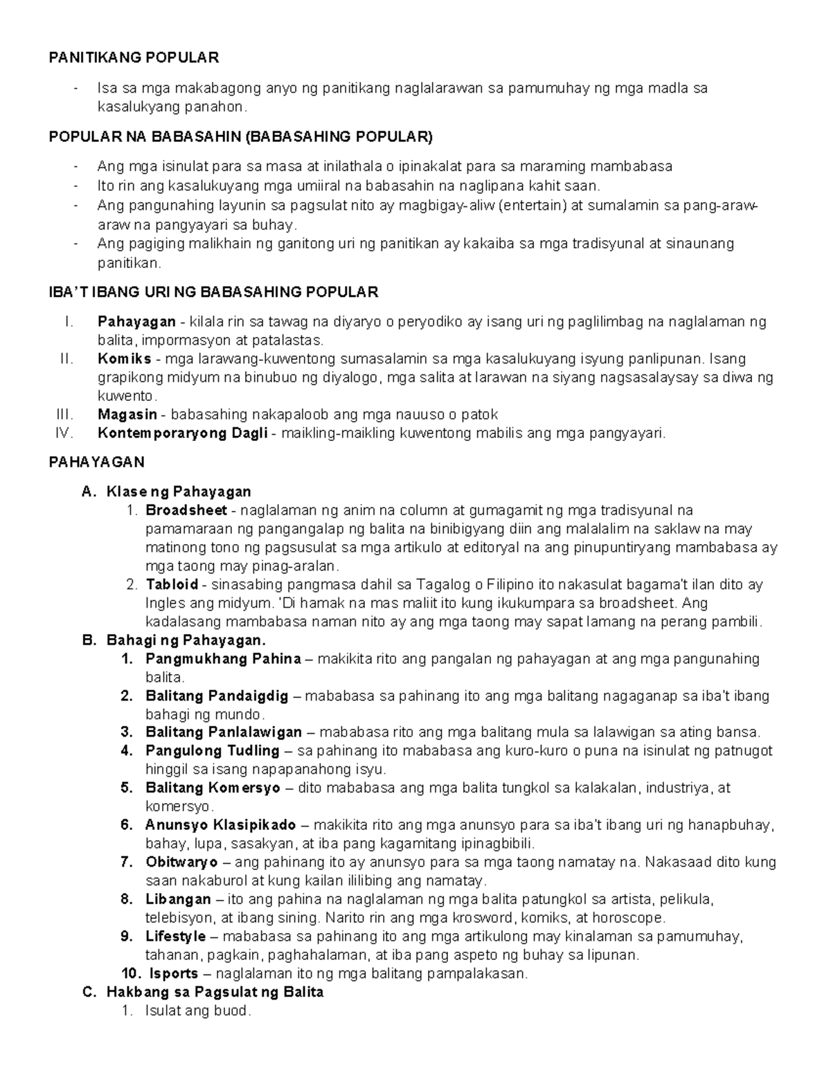 Panitikang Popular: Lecture Notes on Contemporary Literature - Studocu