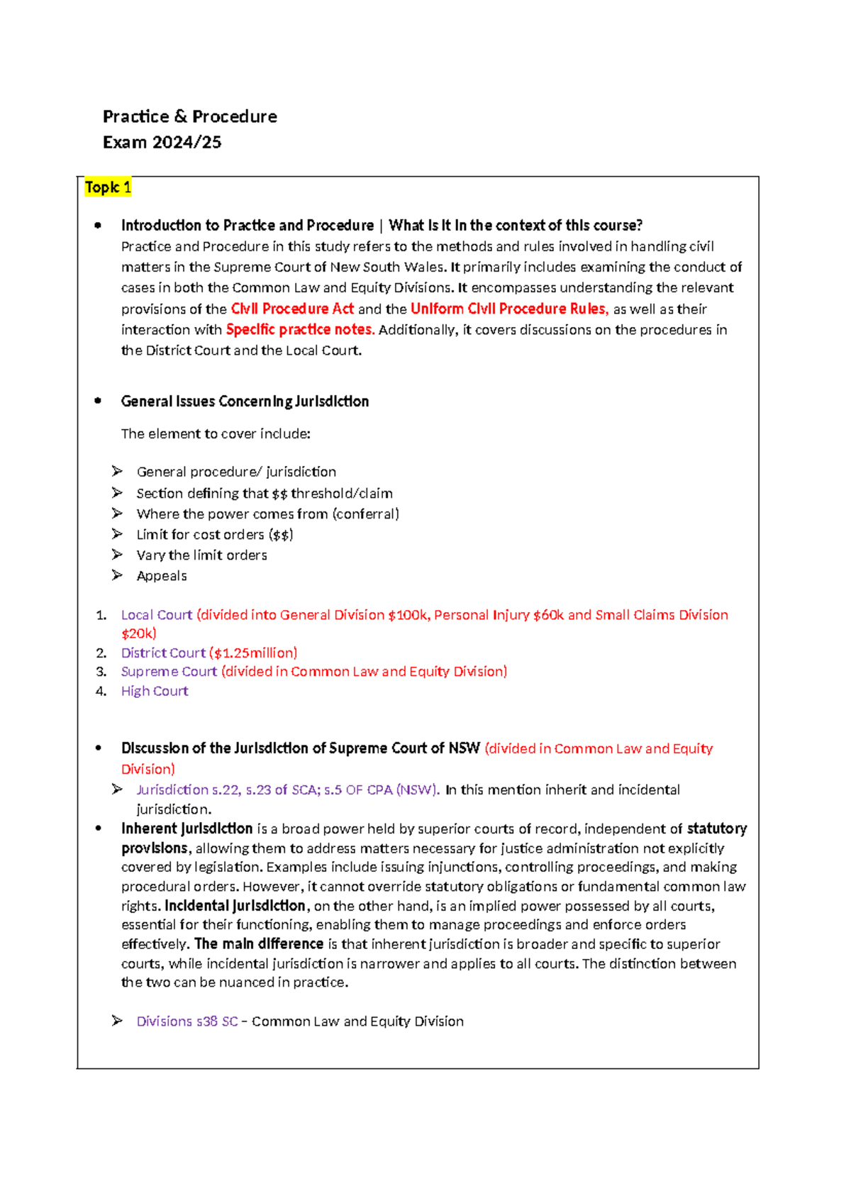 Practice & Procedure Exam Notes (2024) - Key Topics & Jurisdictions ...