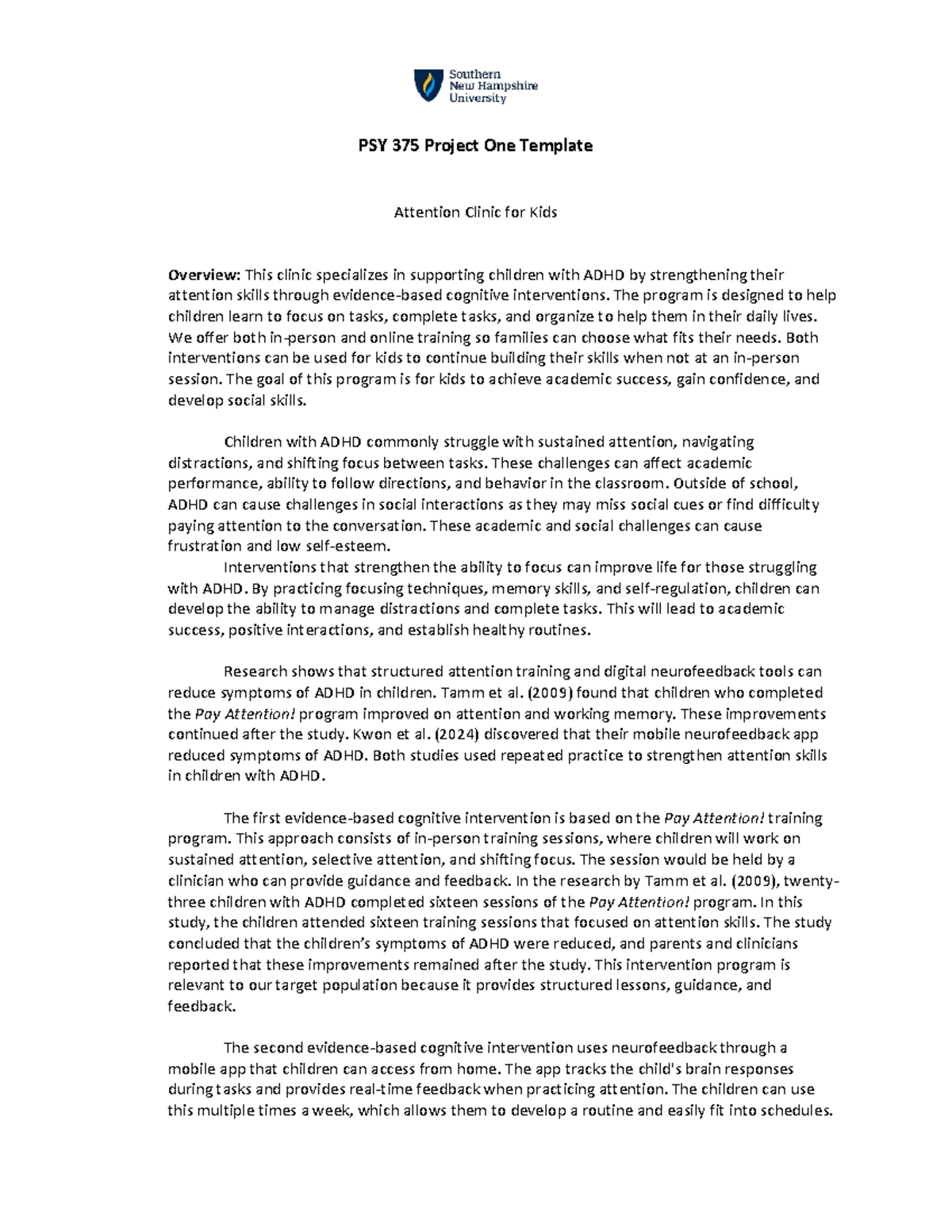 PSY 375 Project One: ADHD Attention Clinic Overview and Interventions ...