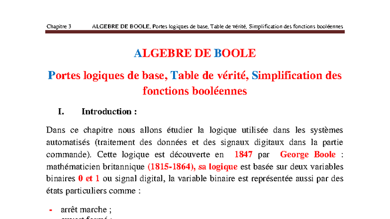 Chapitre 3 : Algèbre de Boole - Portes Logiques et Tables de Vérité ...