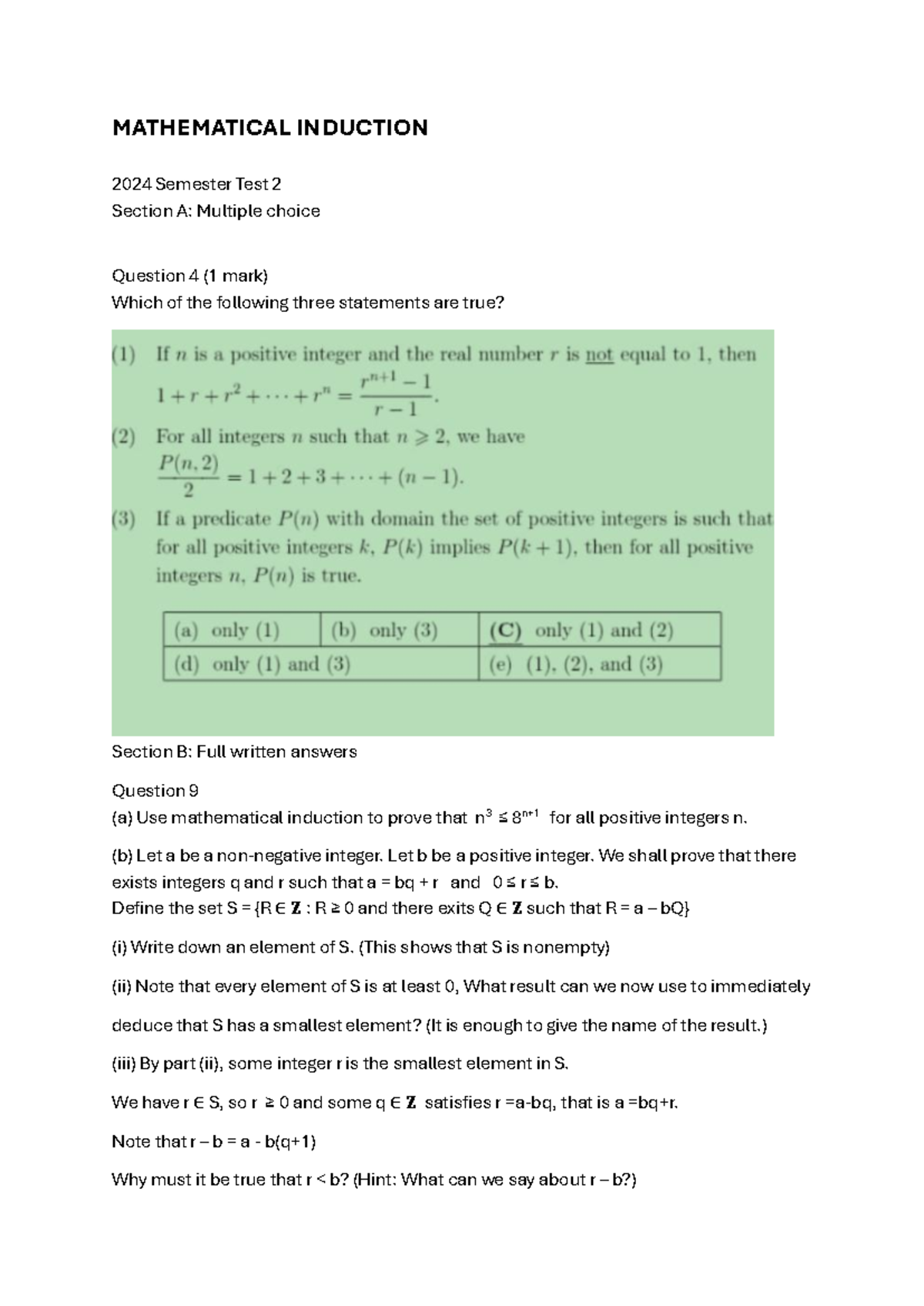 MATHEMATICAL INDUCTION 2024 Semester Test 2: Questions & Answers - Studocu