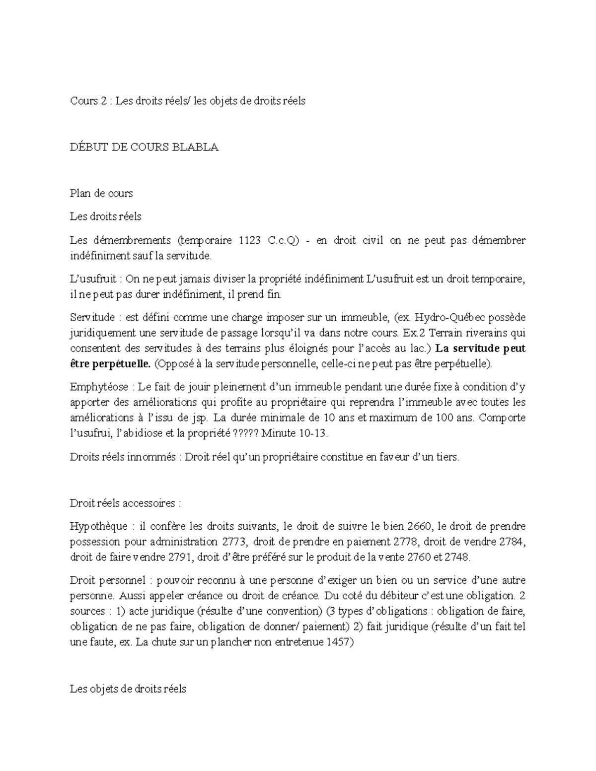 Cours 2 : Les Droits Réels et Objets de Droits Réels en Droit Civil ...