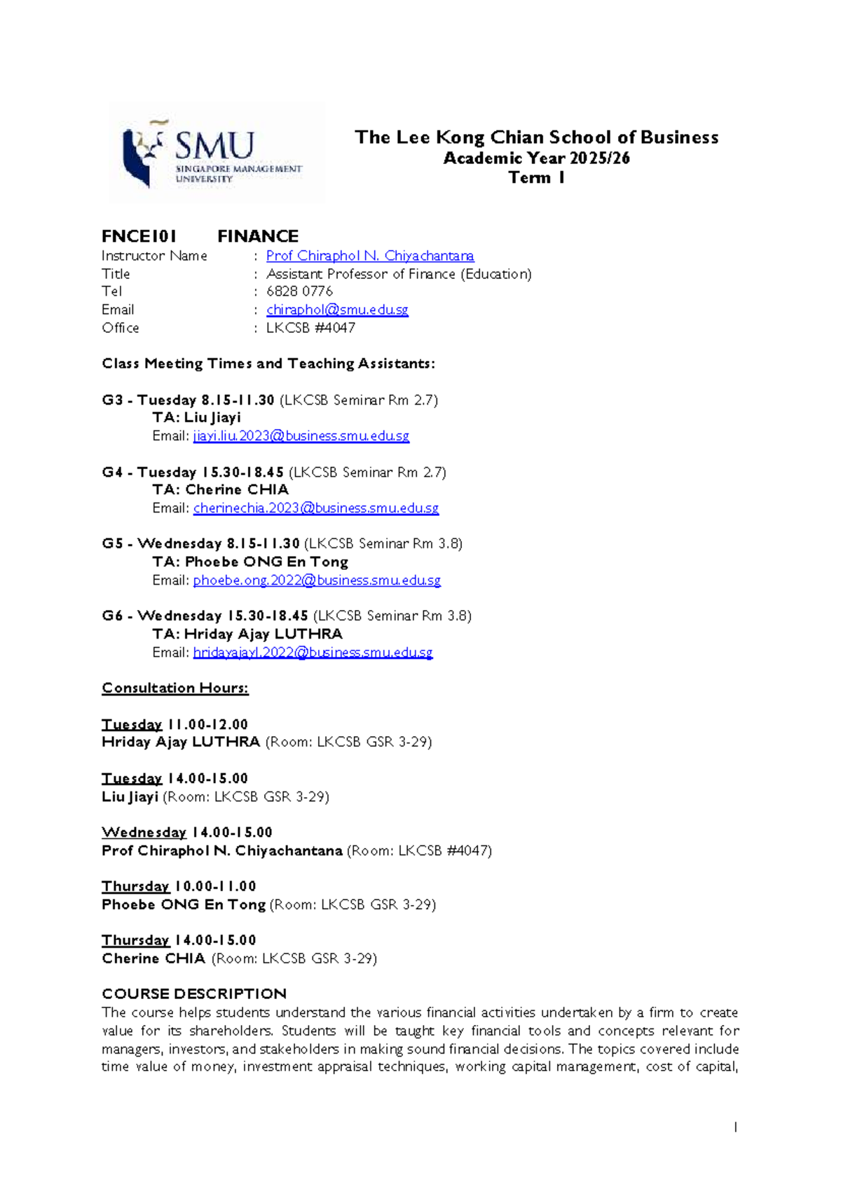 FNCE101 Course Outline: Financial Management with Prof. Chiyachantana ...