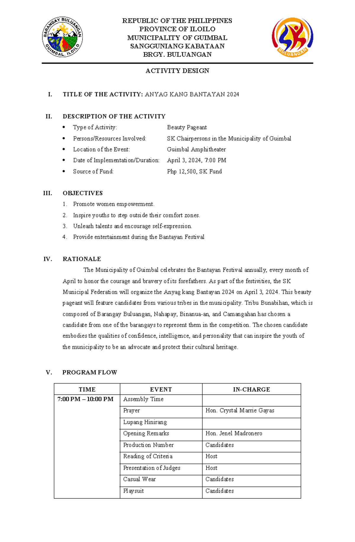 Activity Design: Anyag Kang Bantayan 2024 - SK Pageant Plan - Studocu