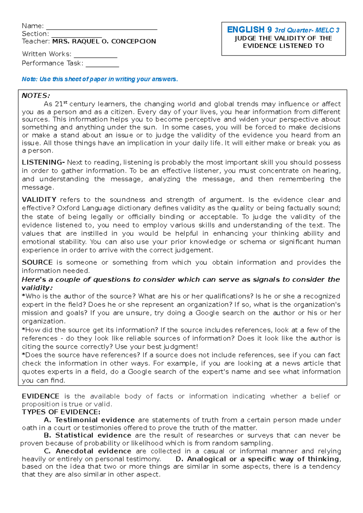 Evaluating Validity: LAS-9 3rd QTR MELC-3 Student Guide - Studocu