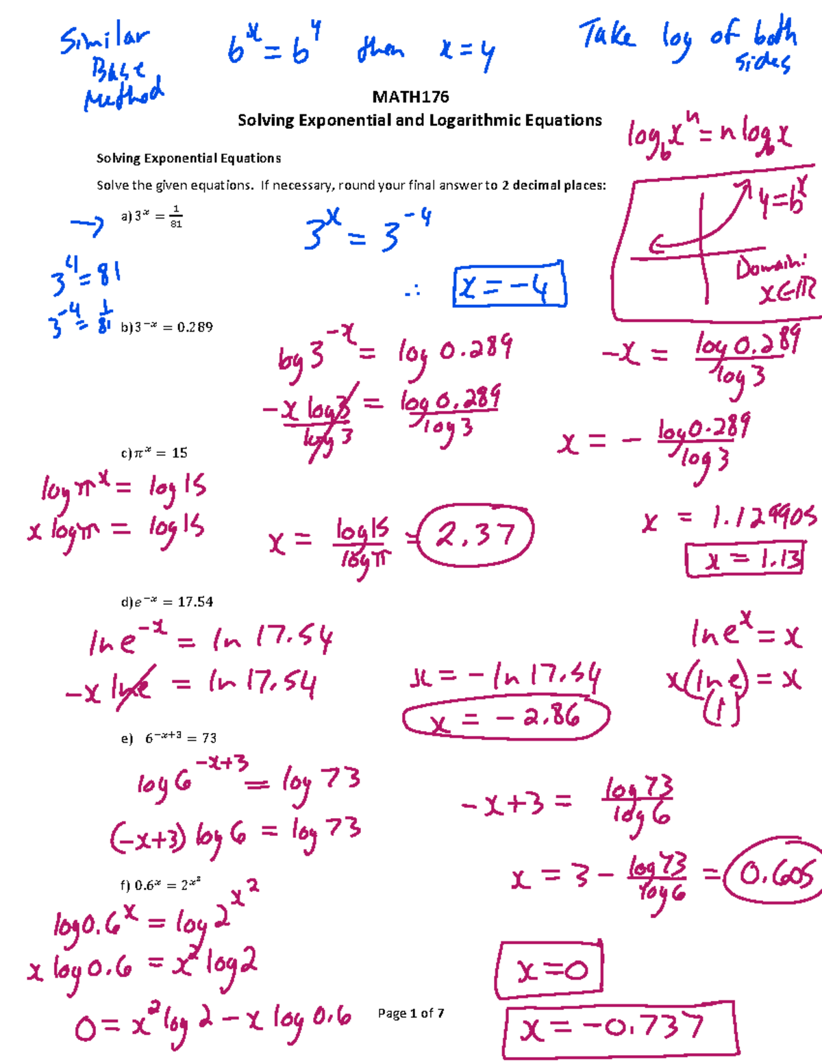 Exponential and Log Equations 1 - Page 1 of 7 MATH1 76 Solving ...