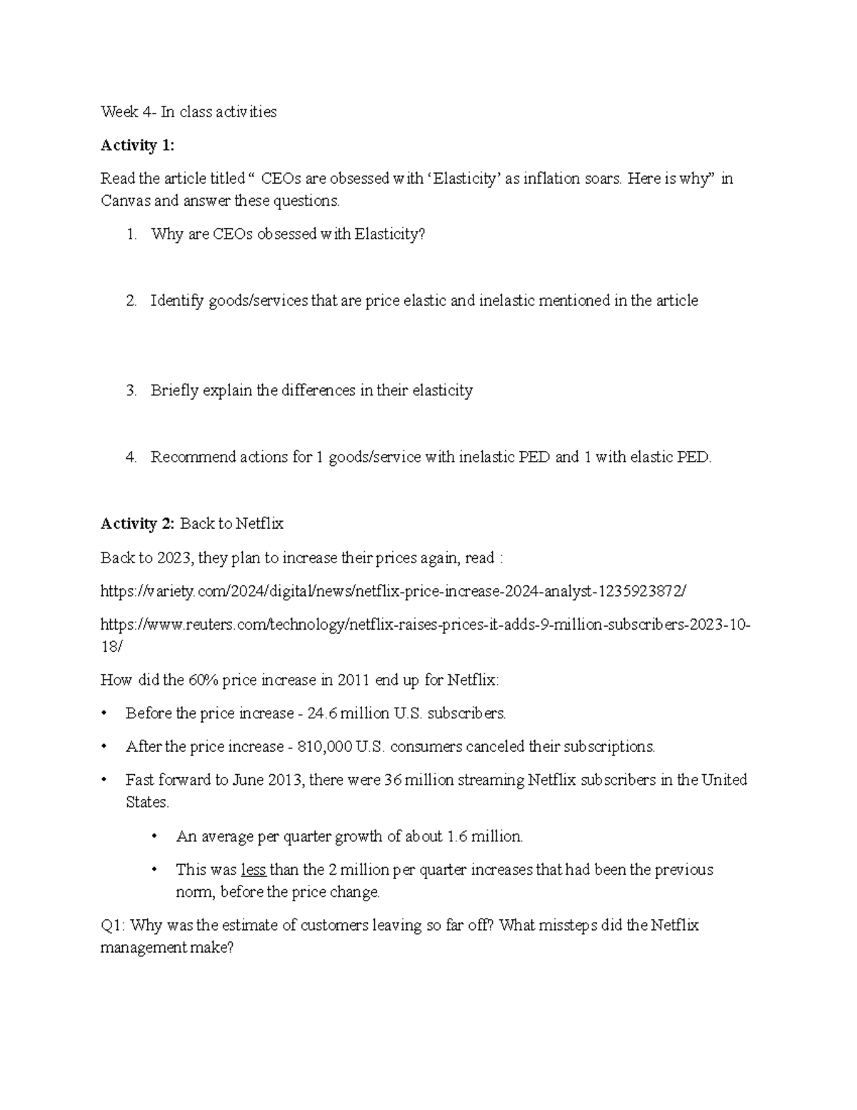 Week 4 Activities: CEOs, Elasticity, and Netflix Price Changes - Studocu