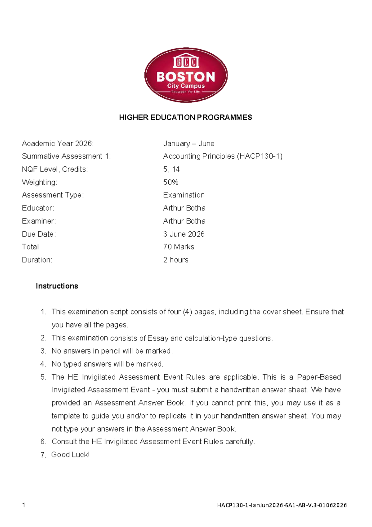 HACP130 Jan-Jun 2026 Summative Assessment 1: Accounting Principles ...
