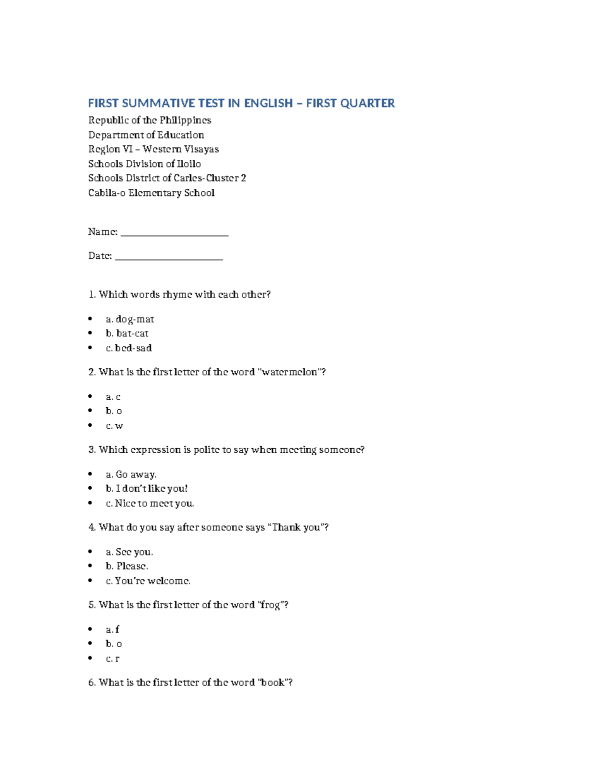 First Summative Test in English (Grade 2) - Studocu