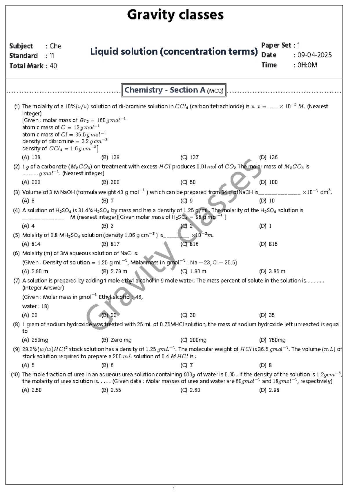 Gravity Classes Chemistry Standard 11 Paper Set 1: Liquid Solutions ...