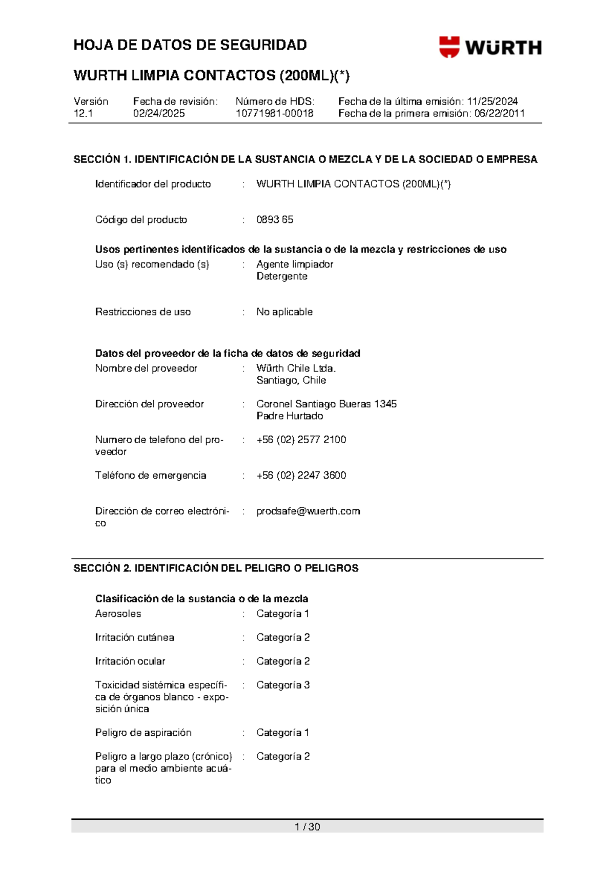 HDS WURTH LIMPIA CONTACTOS - Seguridad y Manejo (Versión 12.1) - Studocu