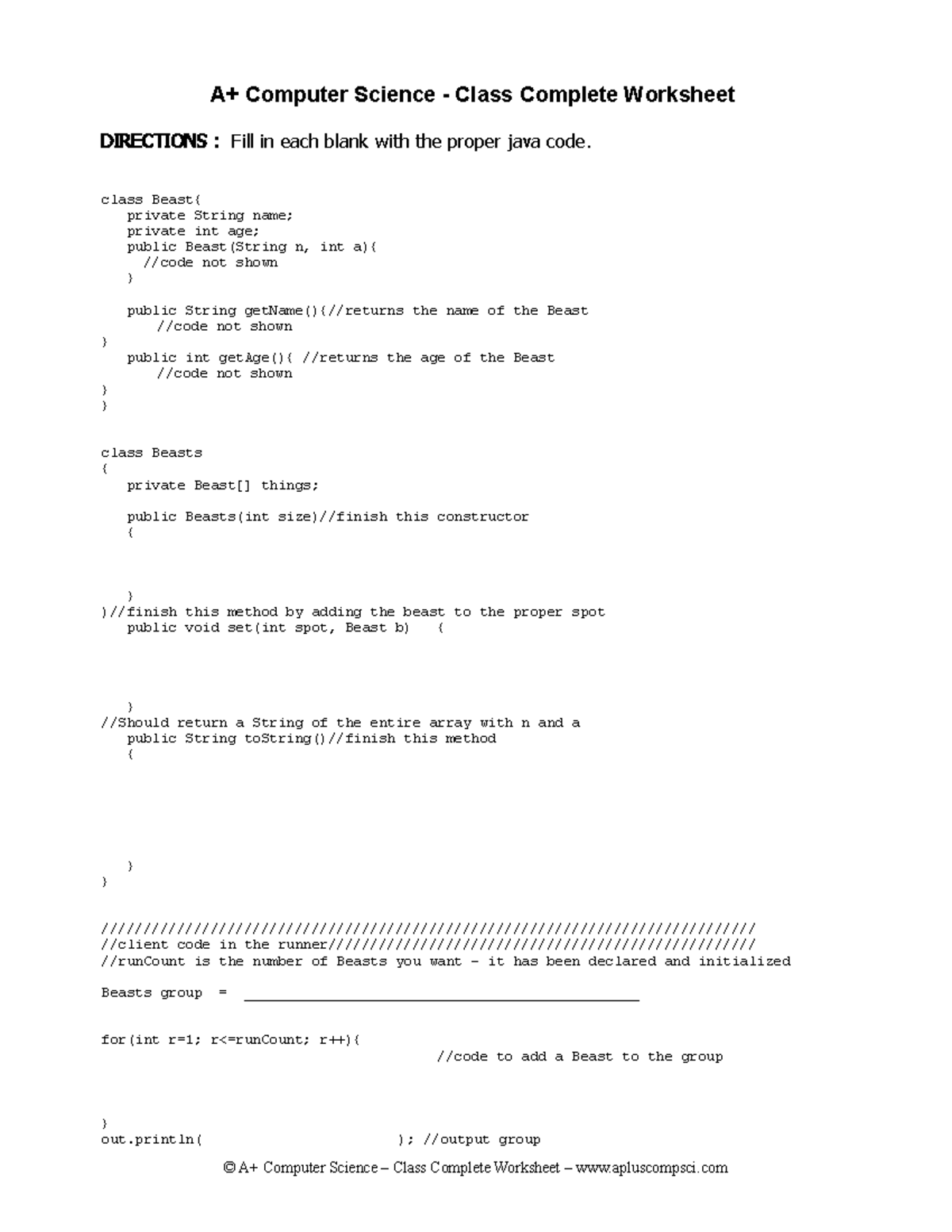 classcomplete worksheet 10 java aplus - A+ Computer Science - Class ...