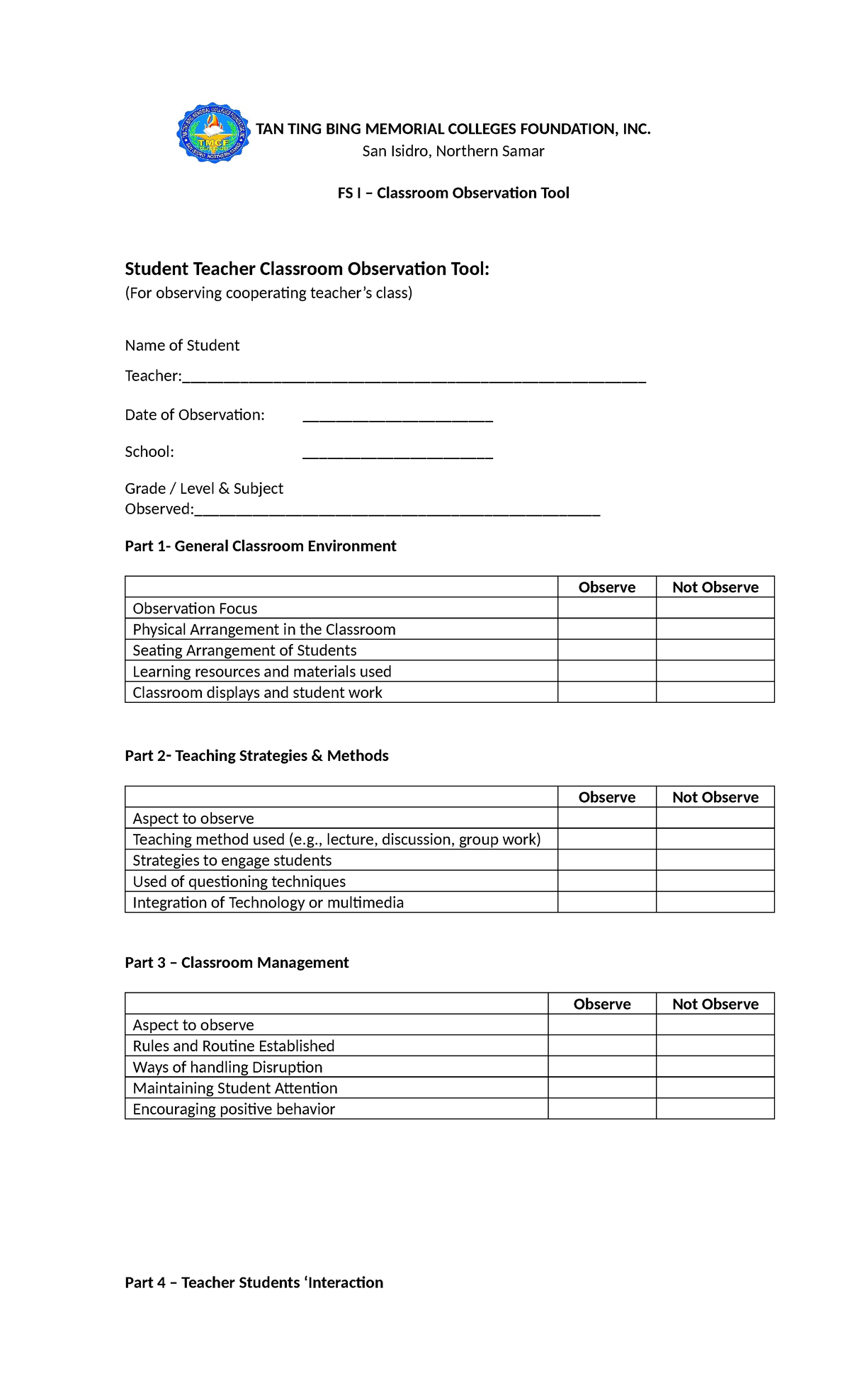 FS I Student Teacher Classroom Observation Tool - Studocu