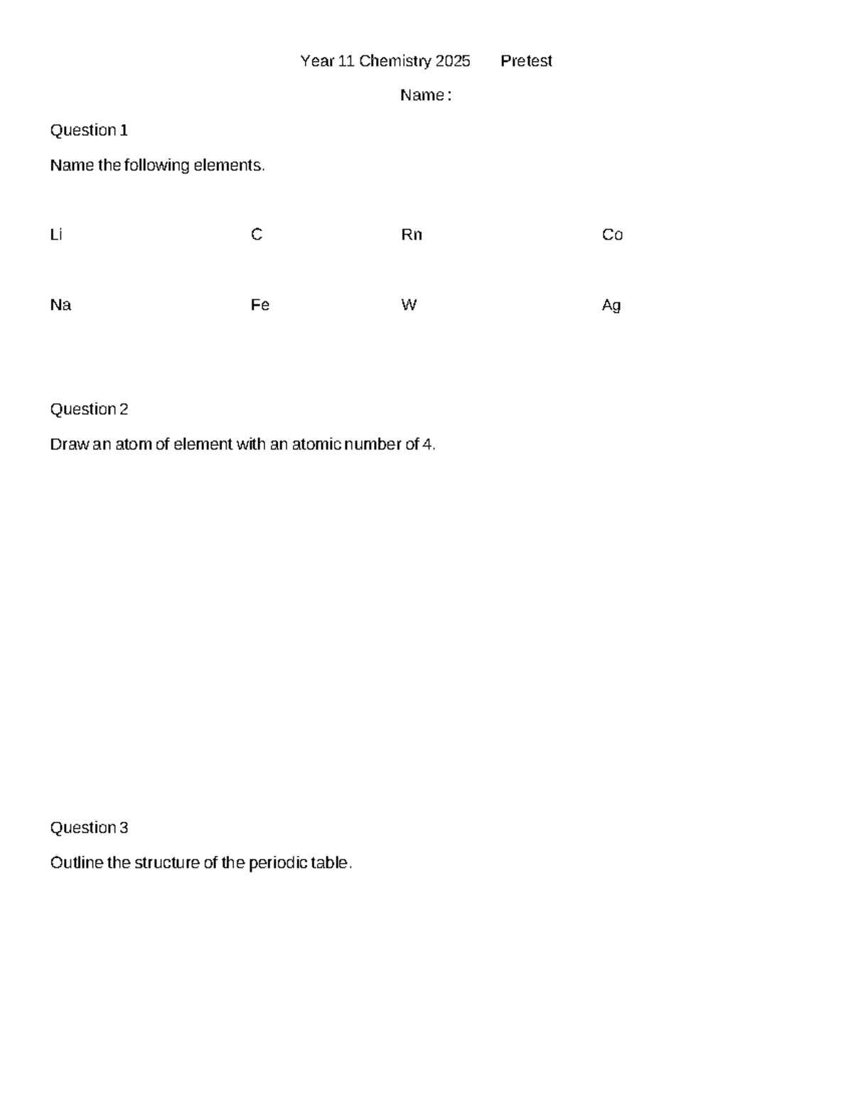 Year 11 Chemistry 2025 Pretest: Elements & Periodic Table Structure ...