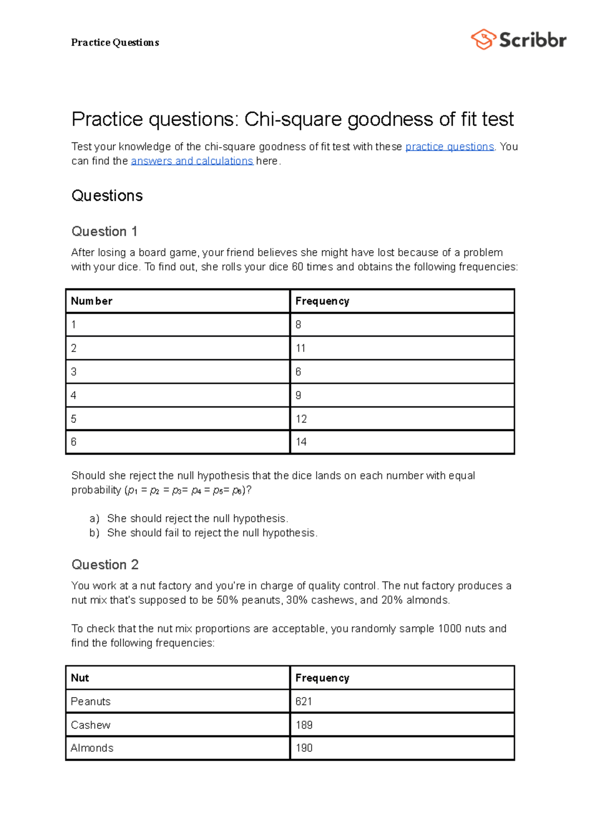 Practice Questions: Chi-Square Goodness of Fit Test Examples - Studocu