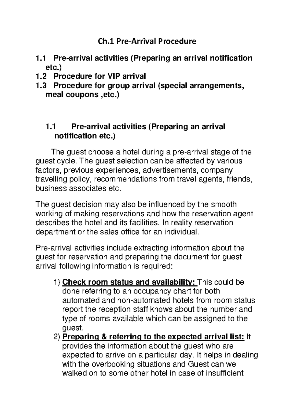 Ch.1 Arrival Procedures: VIP & Group Arrangements (Tltk) - Studocu