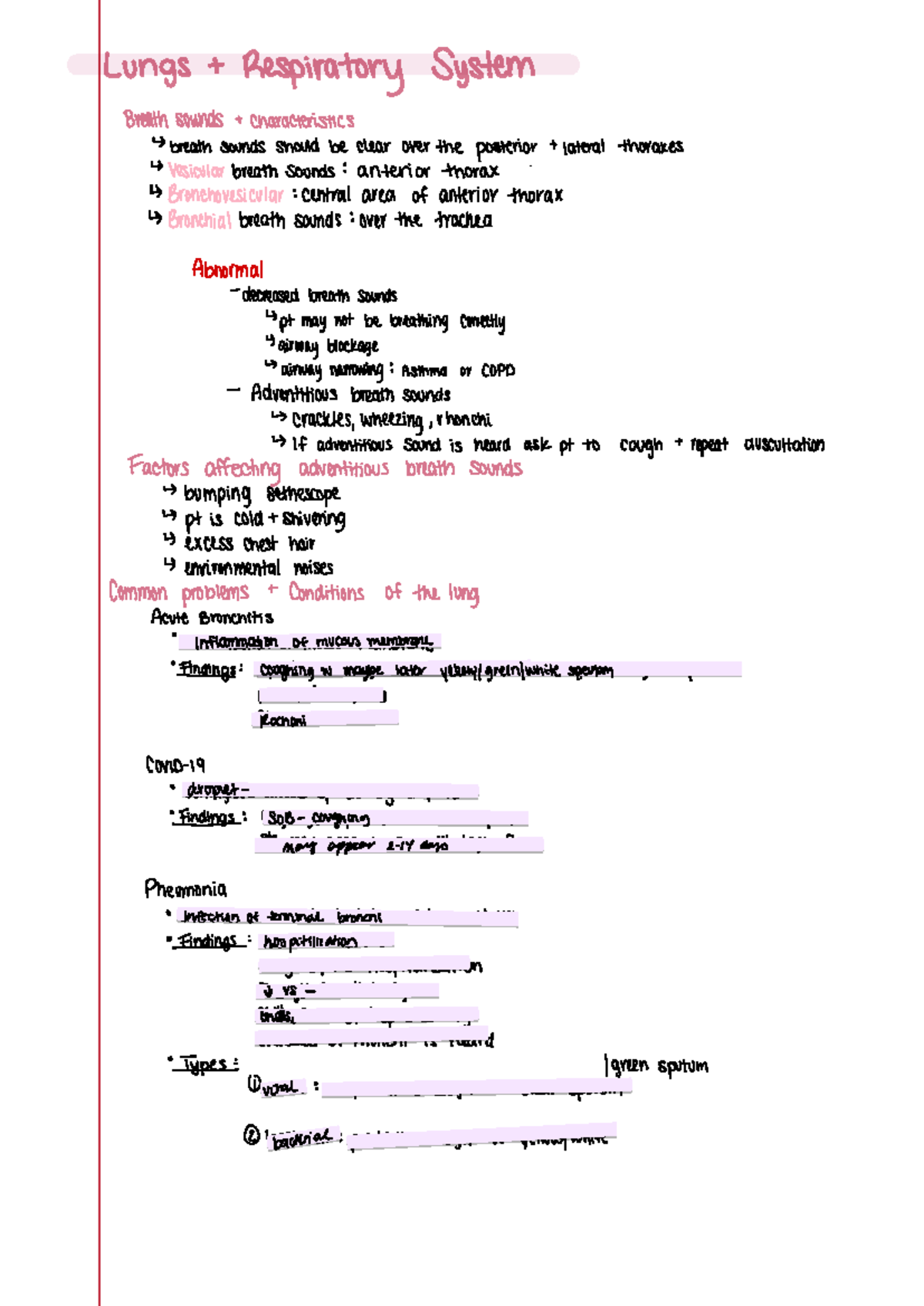 Health Assessment - notes - Lungs + Respiratory System Breath sounds ...