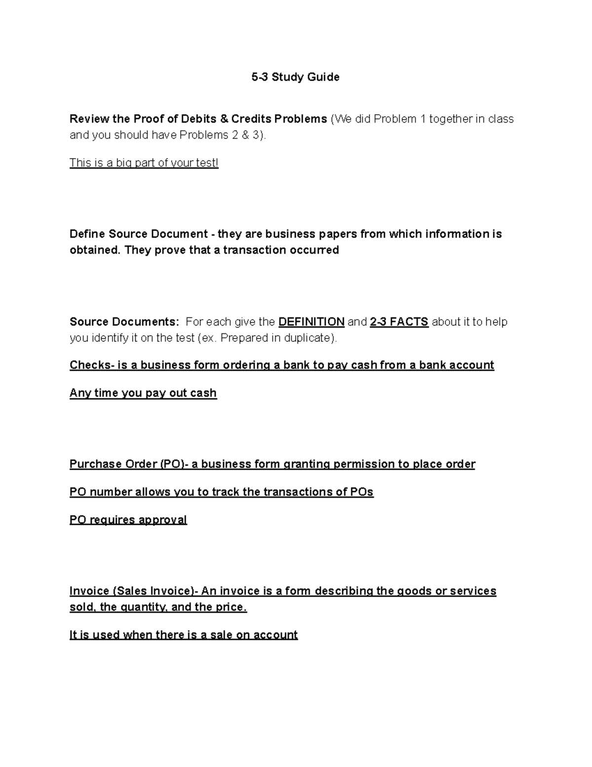 5-3 Accounting Study Guide: Proof of Debits & Credits and Source Docs ...