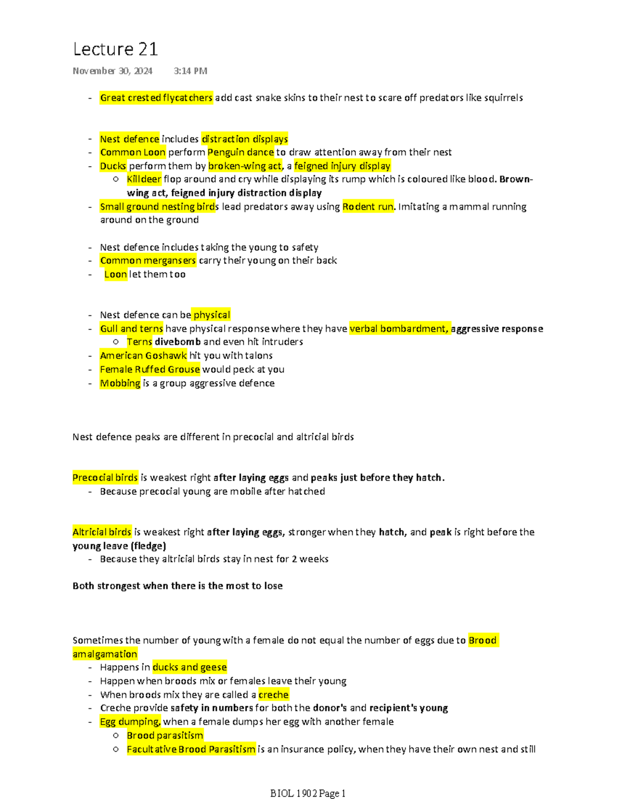 BIOL 1902 Lecture 21: Nest Defense Strategies in Birds - Studocu