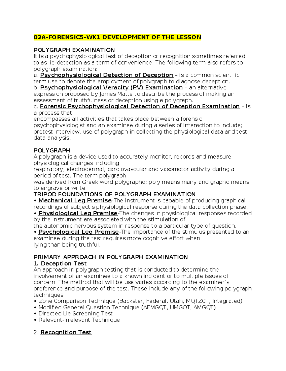 Forensic 5-WEEK 1: Introduction to Polygraph Examination and Methods ...