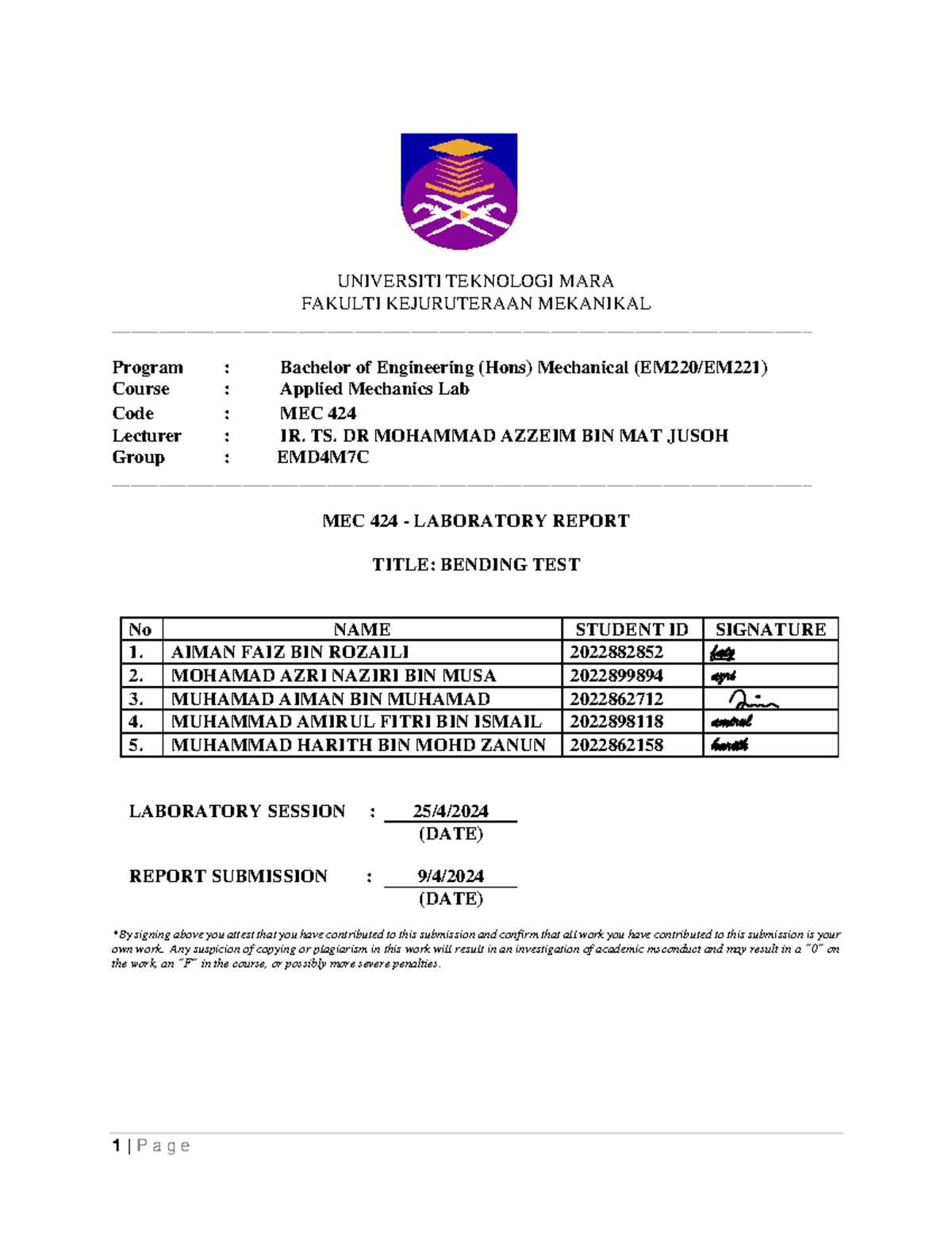 Bending Test Report - MEC 424 Lab - Applied Mechanics - Studocu