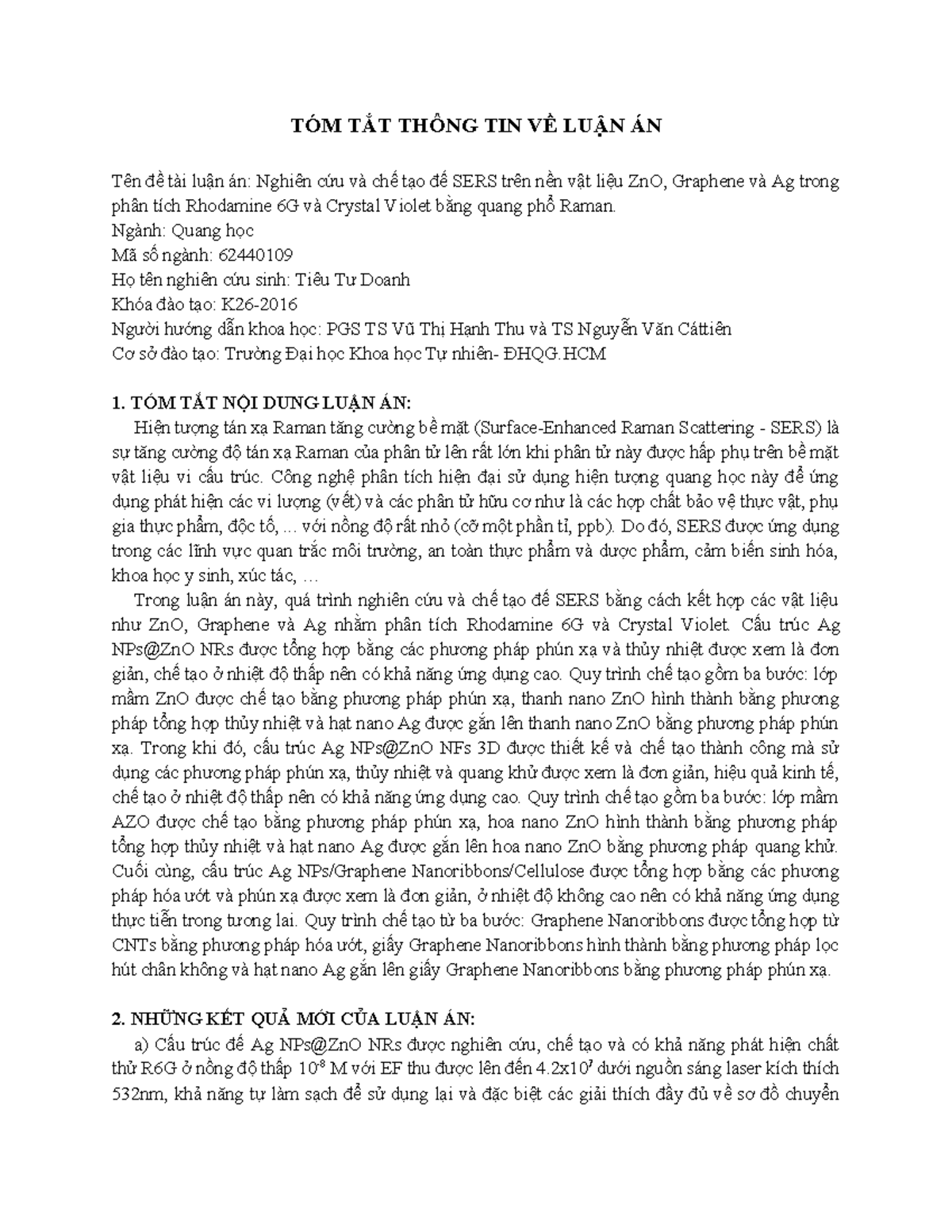TÓM TẮT LUẬN ÁN: Nghiên Cứu Đế SERS Từ ZnO, Graphene và Ag - Studocu