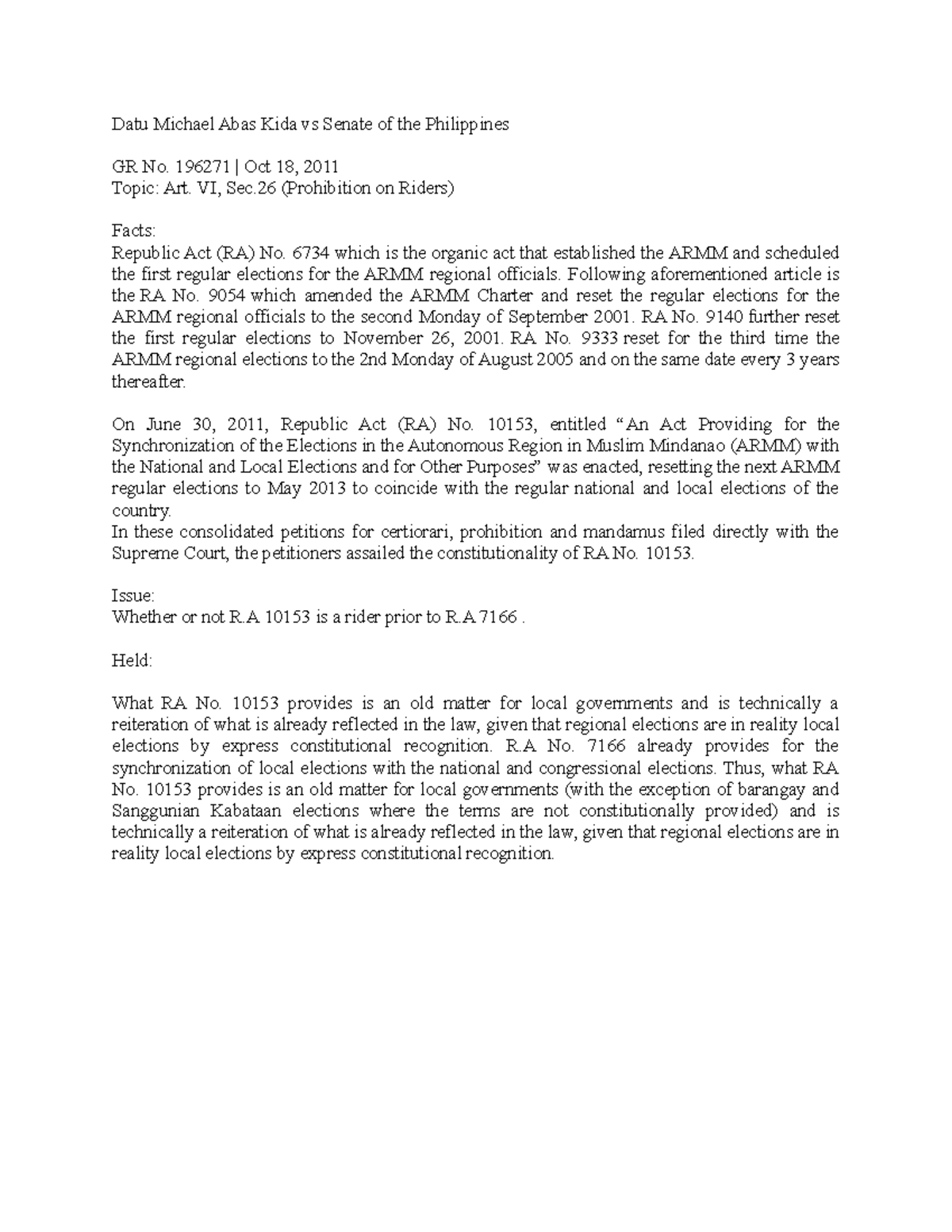 Datu Michael Abas Kida vs Senate of the Philippines - 196271 | Oct 18 ...