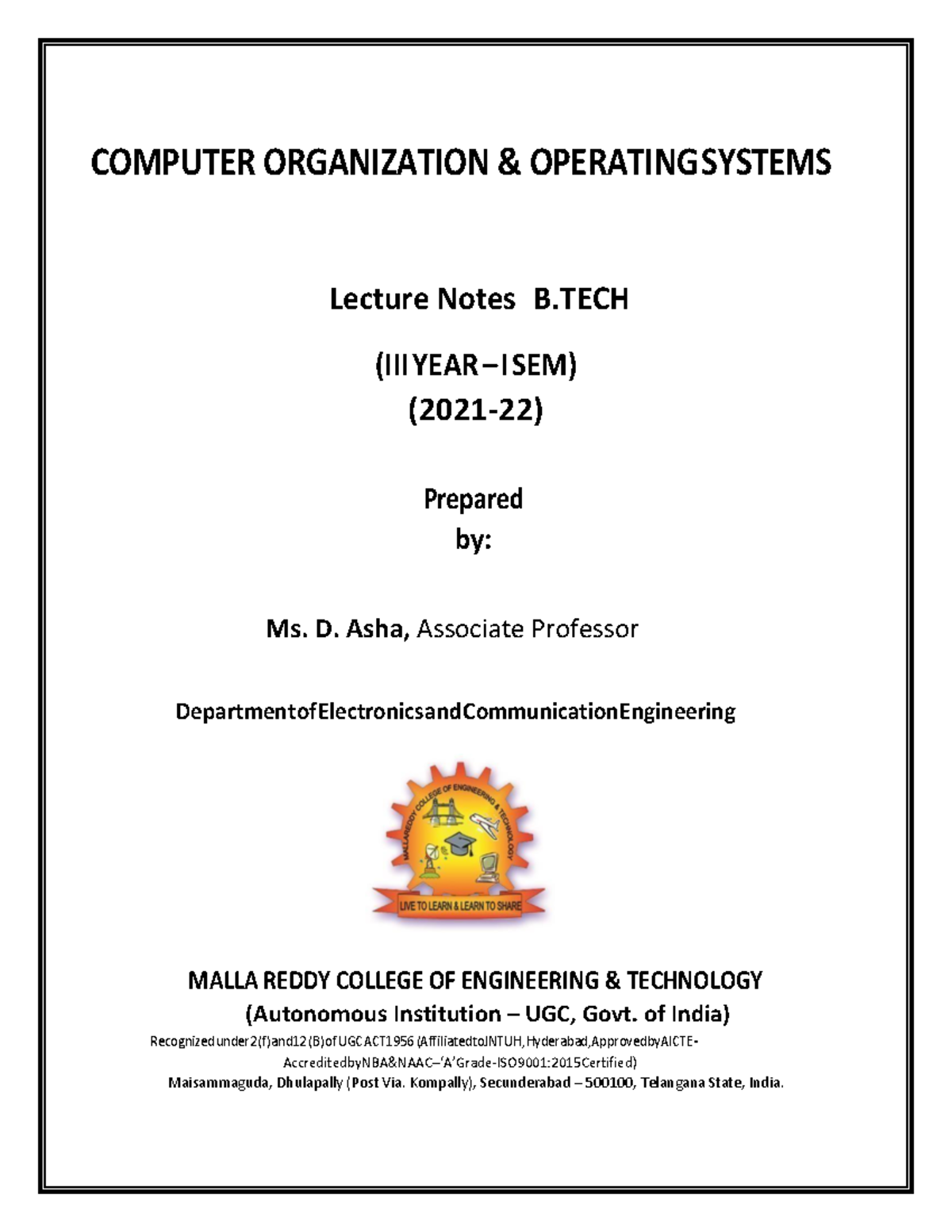 Computer Organization & OS - Lecture Notes B (III Year - I Sem) - Studocu
