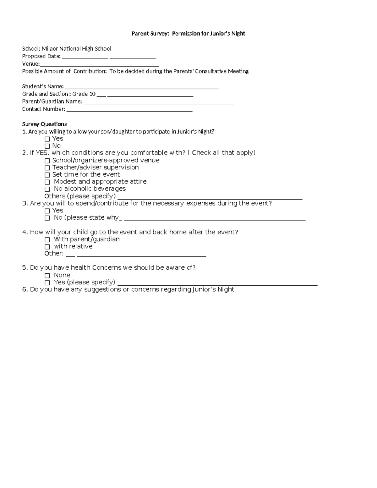 Parent Survey for Night School Participation - Grade 10 - Studocu