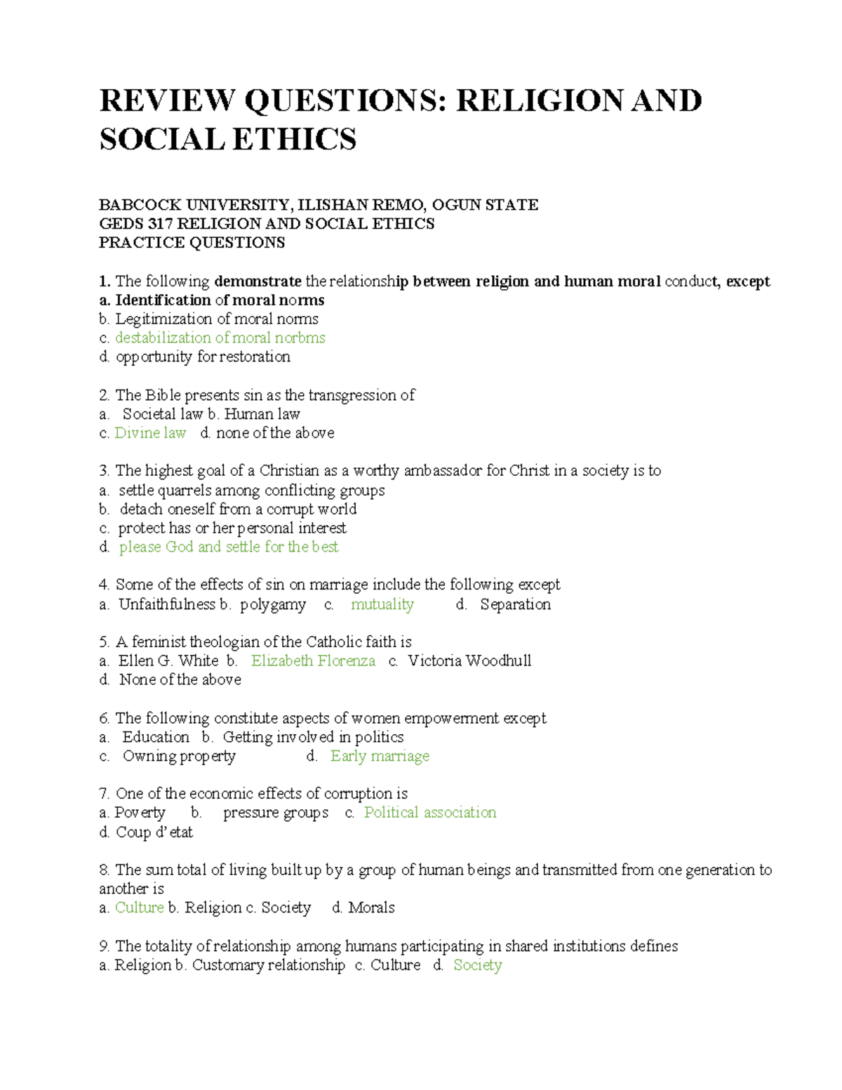 Answered Questions RAS - REVIEW QUESTIONS: RELIGION AND SOCIAL ETHICS ...