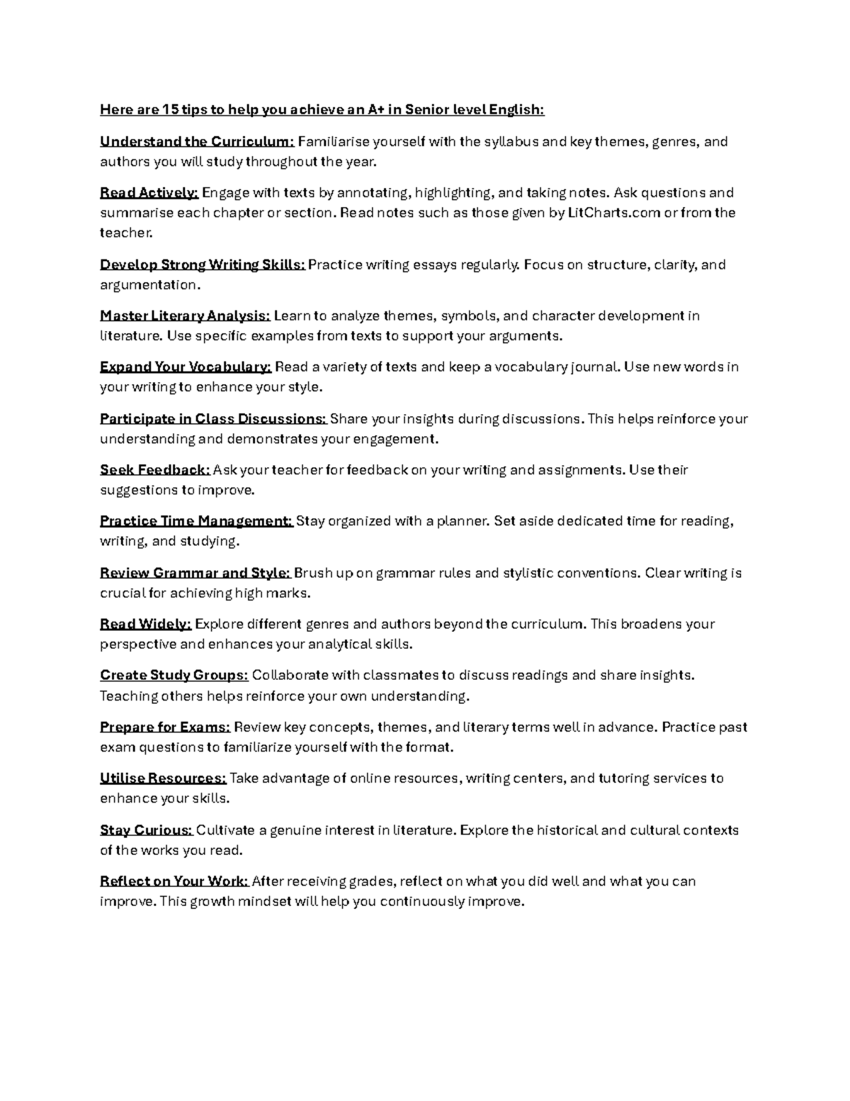 Senior English Tips for Achieving an A: 15 Essential Strategies - Studocu
